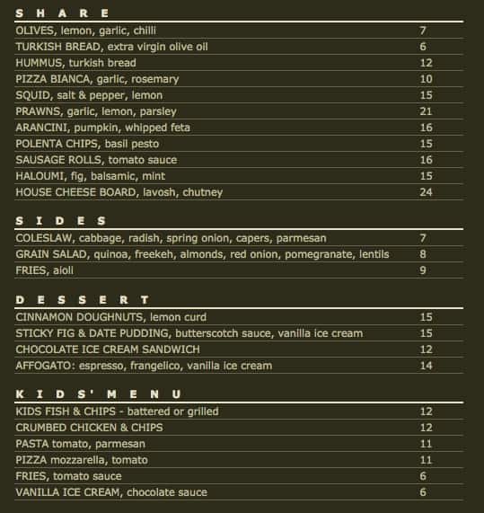 Menu at The Brisbane Hotel restaurant, Highgate
