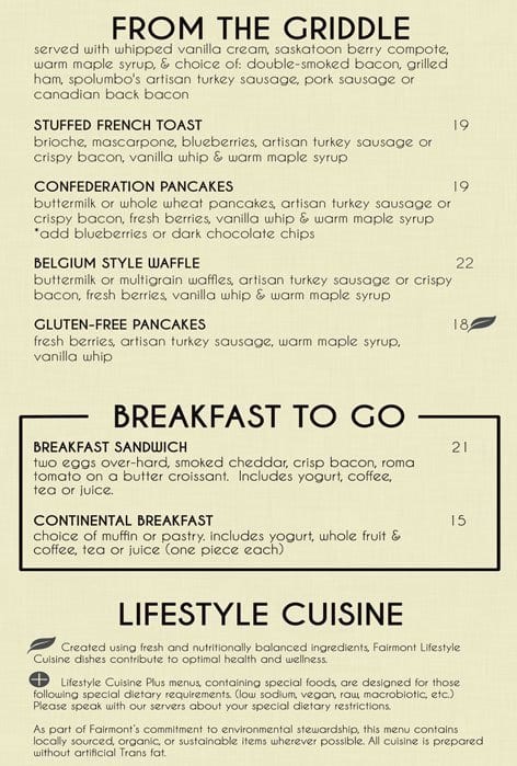 Menu at The Harvest Room restaurant, Edmonton