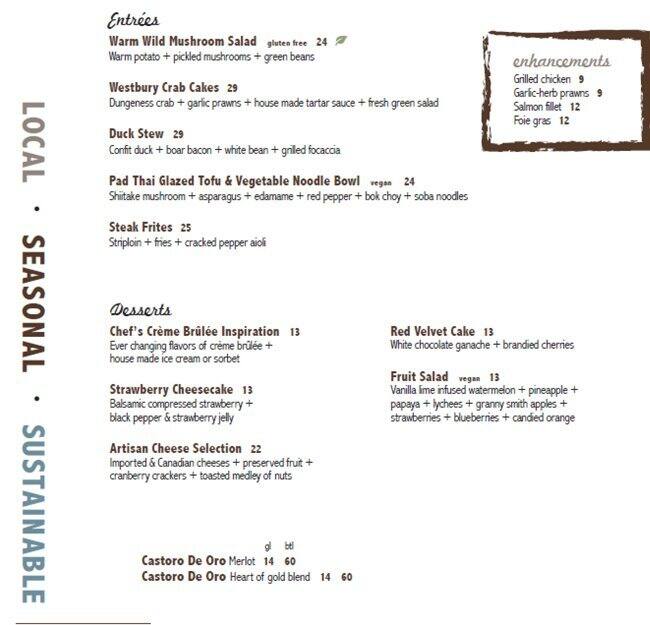 Menu at The Harvest Room restaurant, Edmonton
