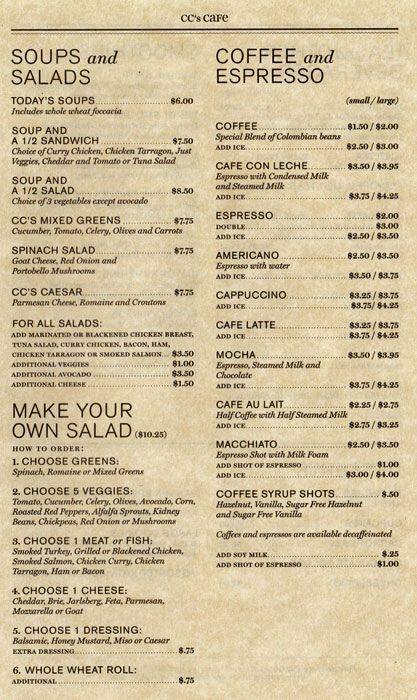 Menu at Cc's Cafe, New York City, 41 Monroe St