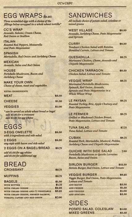 Menu at Cc's Cafe, New York City, 41 Monroe St