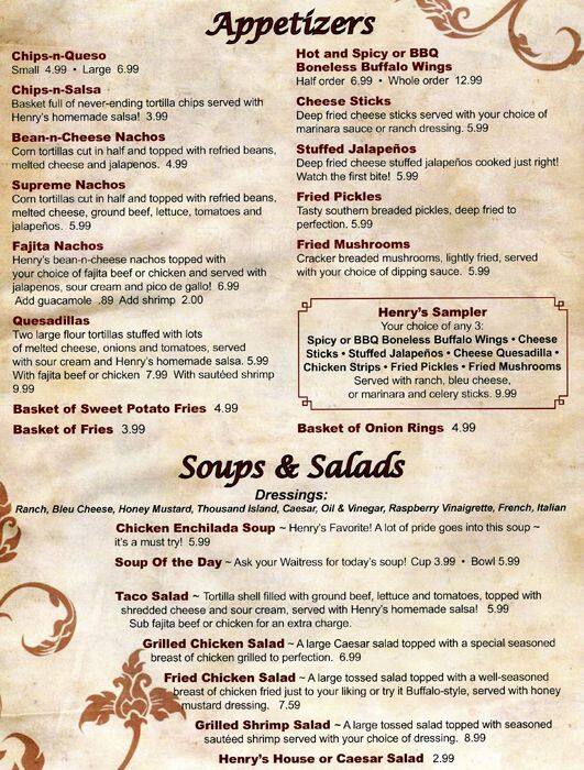 Menu at Henry's Restaurant in San Marcos, San Marcos