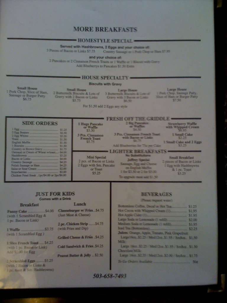 Menu at Dean's Homestyle Cafe, Clackamas