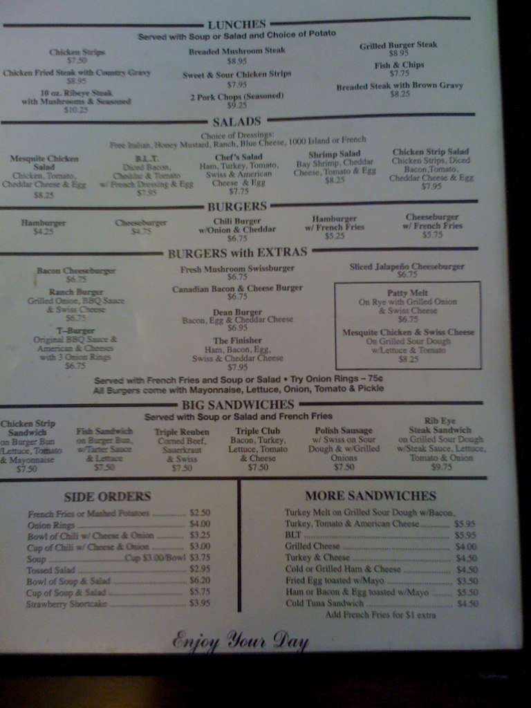 Menu at Dean's Homestyle Cafe, Clackamas