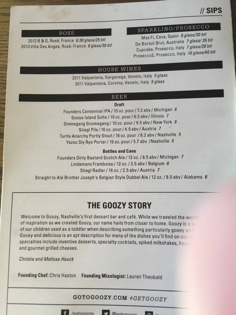 Menu at Goozy cafe, Nashville, Hillsboro Pike