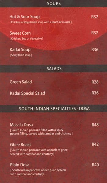 Menu at Kadai restaurant, Nelspruit