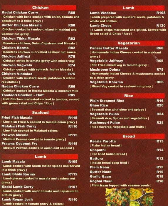 Menu at Kadai restaurant, Nelspruit