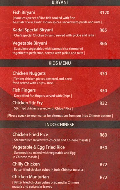 Menu at Kadai restaurant, Nelspruit