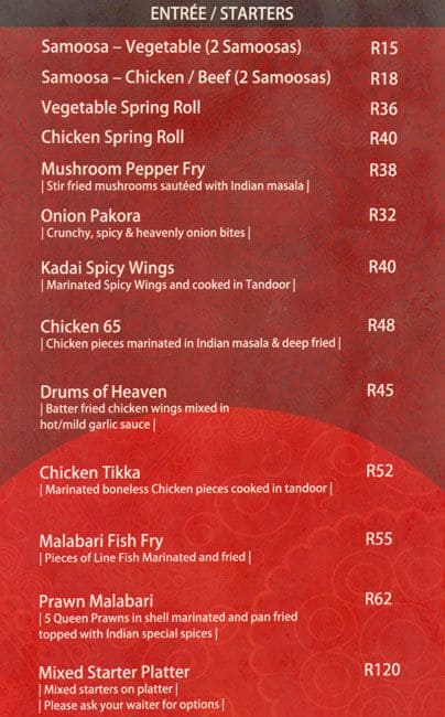Menu at Kadai restaurant, Nelspruit