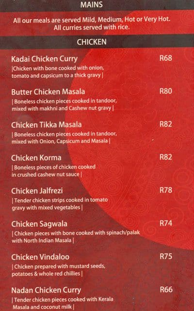 Menu at Kadai restaurant, Nelspruit