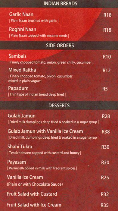 Menu at Kadai restaurant, Nelspruit