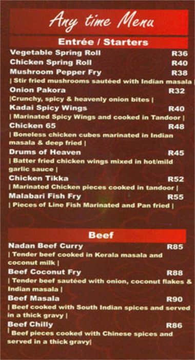 Menu at Kadai restaurant, Nelspruit