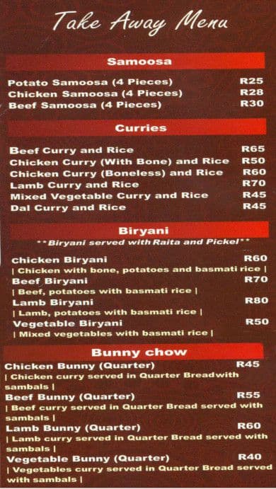 Menu at Kadai restaurant, Nelspruit