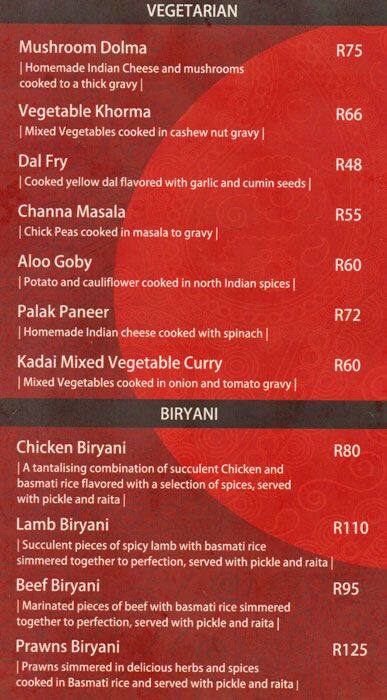 Menu at Kadai restaurant, Nelspruit