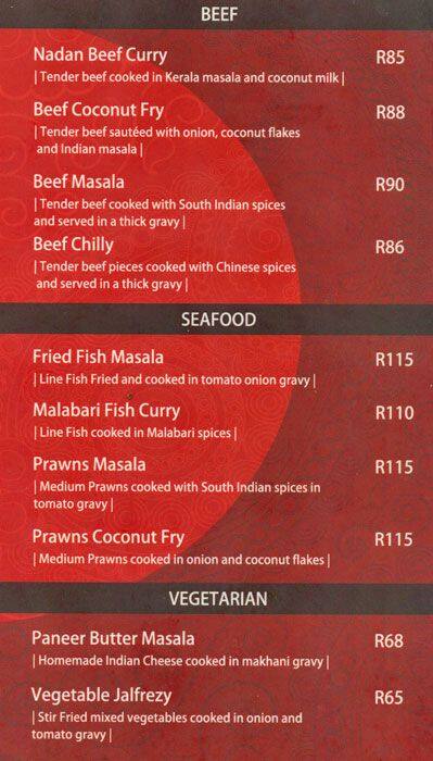 Menu at Kadai restaurant, Nelspruit