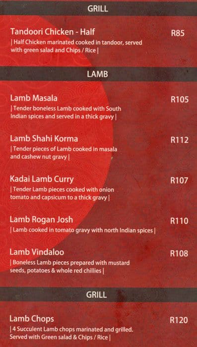Menu at Kadai restaurant, Nelspruit