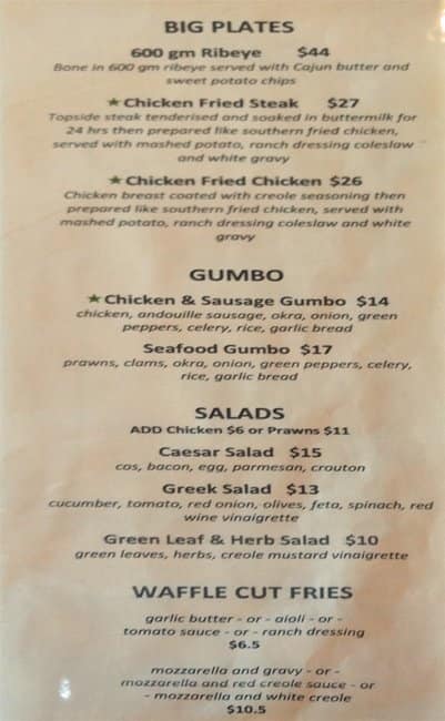 Menu at Creole Soul Kitchen restaurant, Spring Hill