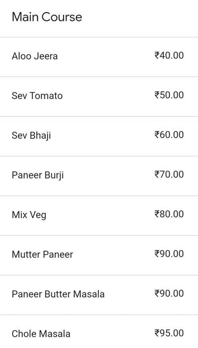 Menu of Dabbawala, Model Colony, Pune