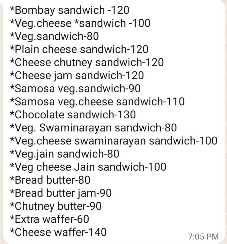 Menu of Trisha Fast Food, Yakutpura, Vadodara