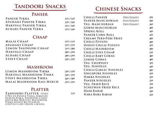 Menu of Kesar Mehal, NIT, Faridabad