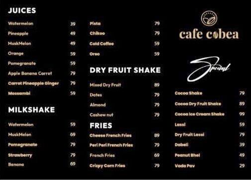 Menu of Cafe Cobea, HSR, Bangalore