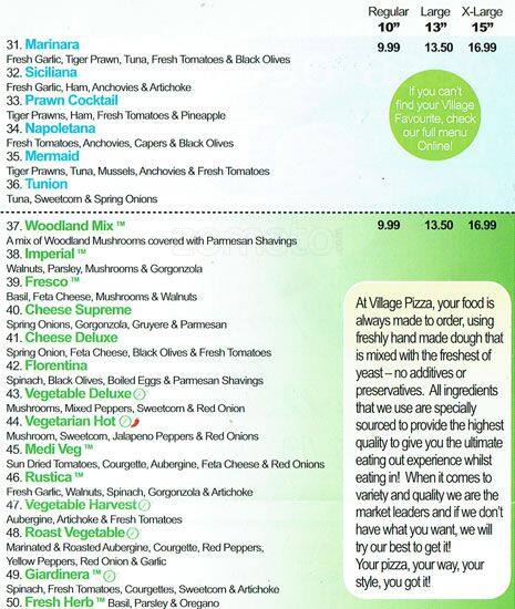 Menu at Village Pizza restaurant, London, 230 Old Kent Road