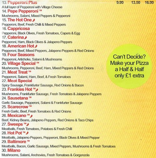 Menu at Village Pizza restaurant, London, 230 Old Kent Road