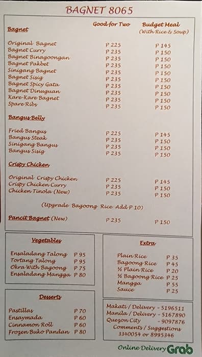 Menu at 8065 Bagnet restaurant, Makati