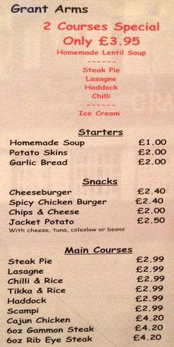 Menu at Grant Arms pub & bar, Glasgow