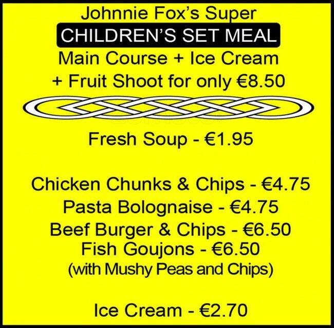 Menu at Johnnie Fox's pub & bar, Dublin