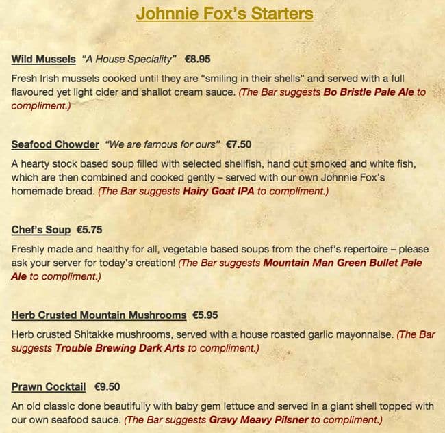 Menu at Johnnie Fox's pub & bar, Dublin