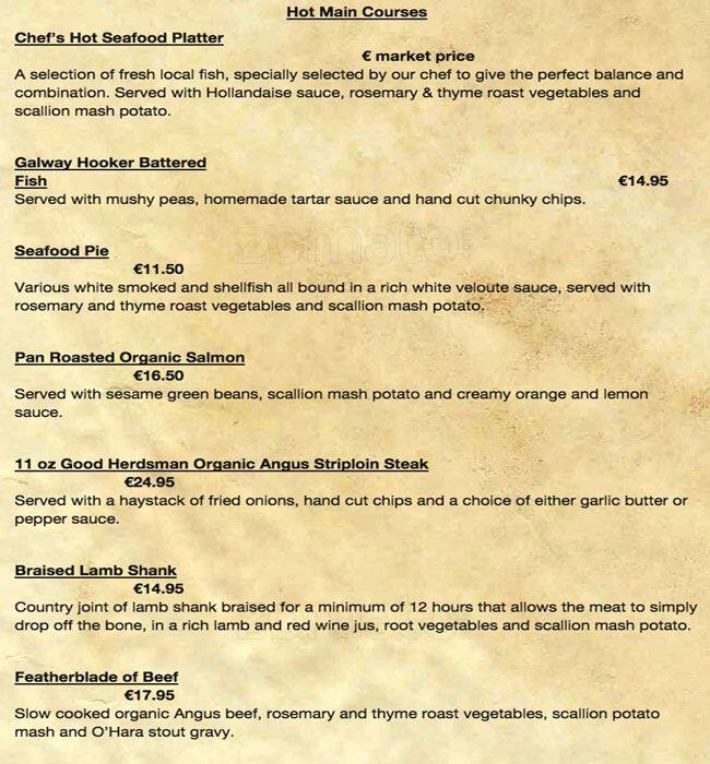 Menu at Johnnie Fox's pub & bar, Dublin