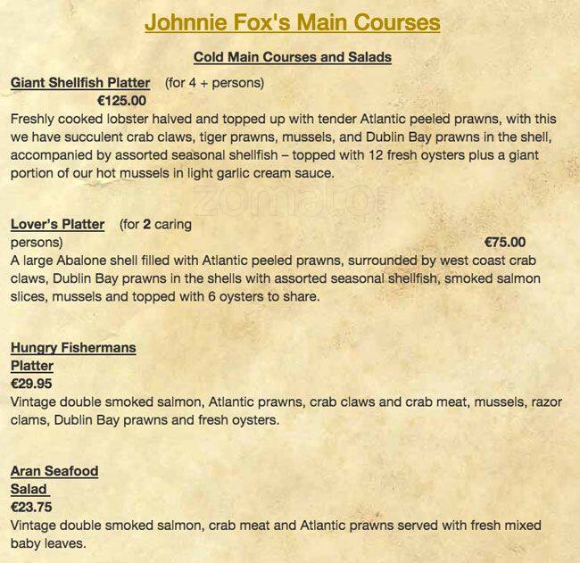 Menu at Johnnie Fox's pub & bar, Dublin