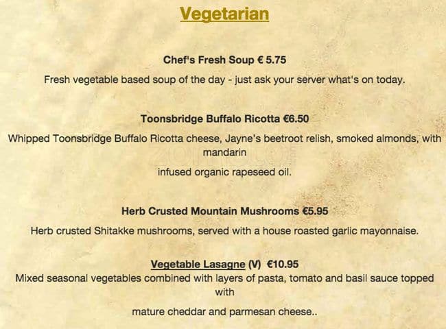 Menu at Johnnie Fox's pub & bar, Dublin