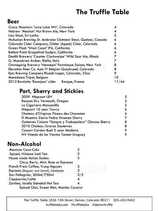 Menu at The Truffle Table pub & bar, Denver