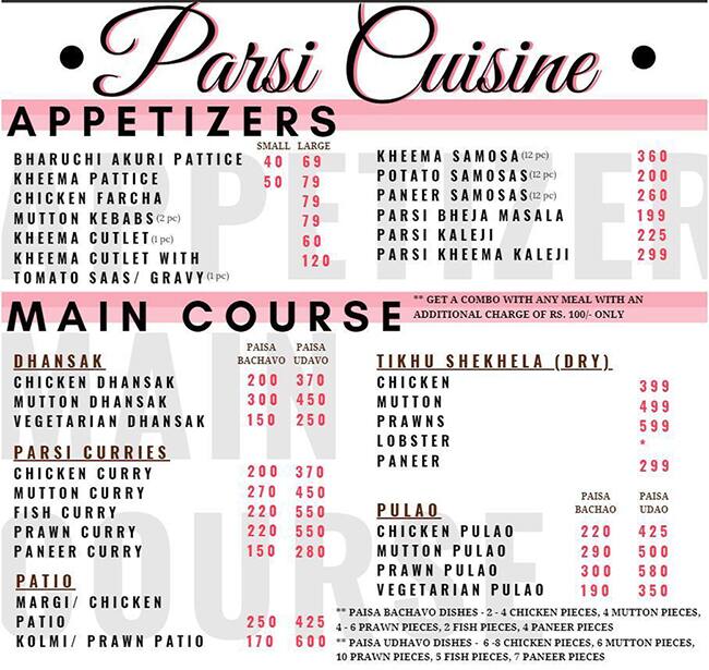 Menu of Parsi Papau, Mohan Nagar, Nagpur