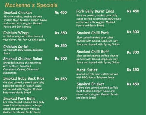 Menu of Mackenna's Smoked Bbq, Jakkur, Bangalore