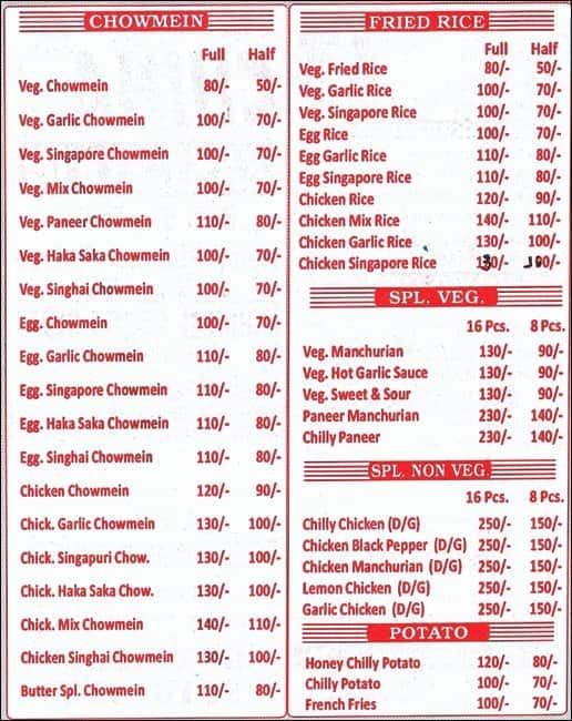 China Fast Food Menu, Menu for China Fast Food, Netaji Subhash Place ...