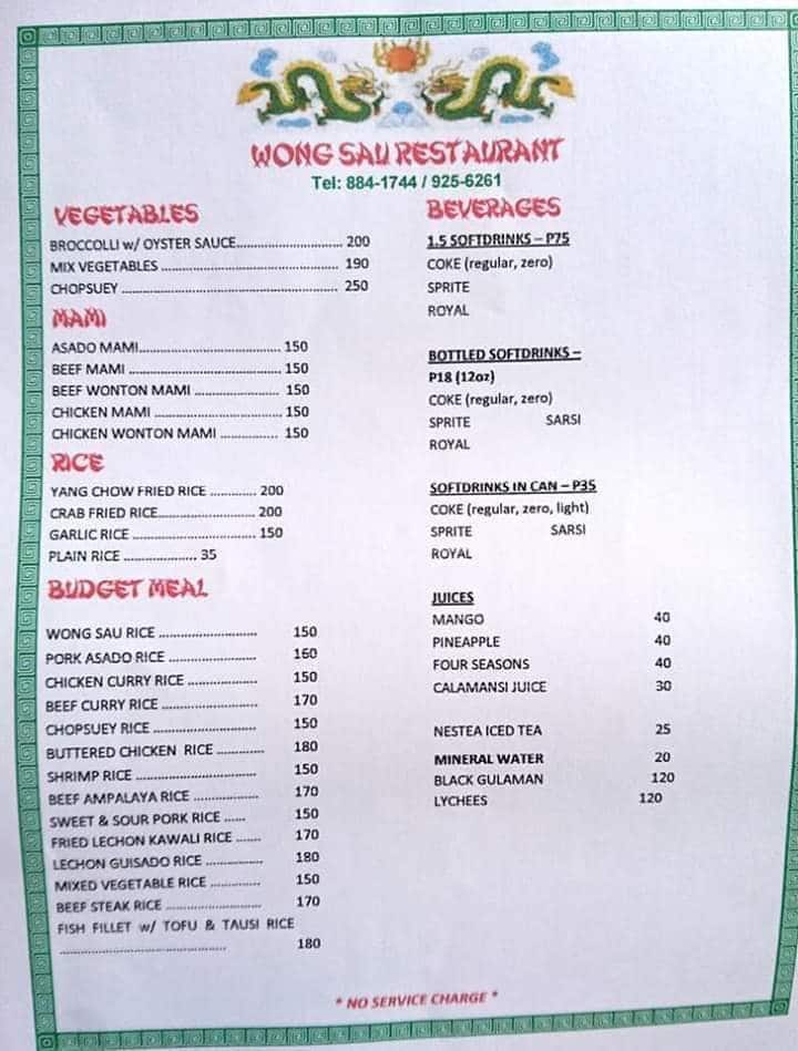 Menu at Wong Sau Restaurant, Makati