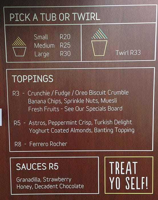 Menu at Frozen Yo, Cape Town, Kenilworth Racecourse