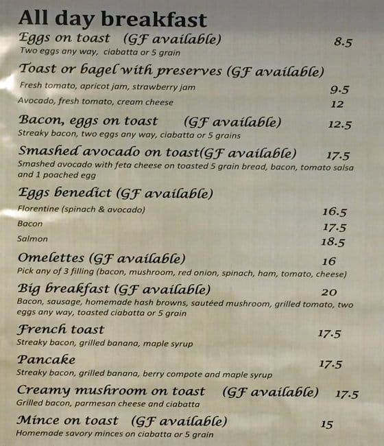 Menu at Moana Cafe, Auckland