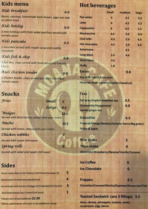 Menu at Moana Cafe, Auckland