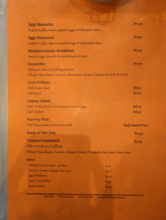 Menu at Rise Cafe, Wellington
