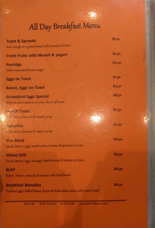 Menu at Rise Cafe, Wellington