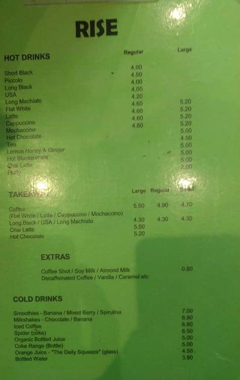 Menu at Rise Cafe, Wellington