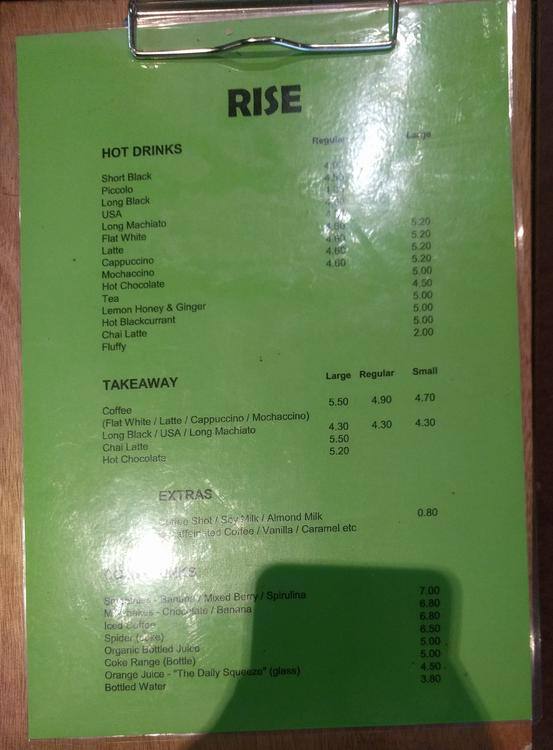 Menu at Rise Cafe, Wellington