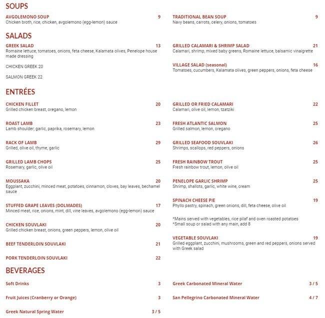 Menu at Penelope restaurant, Toronto, 225 King Street W