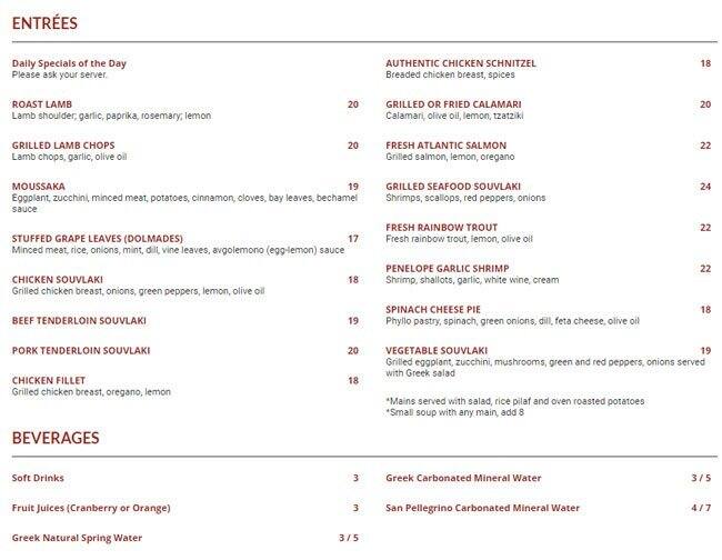 Menu at Penelope restaurant, Toronto, 225 King Street W