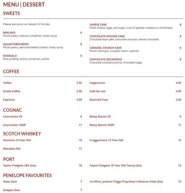 Menu at Penelope restaurant, Toronto, 225 King Street W