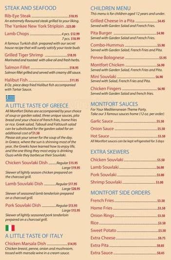 Menu at Montfort Mediterranean Cuisine Restaurant - Trafalgar, Oakville